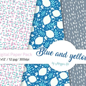 Summer Digital Paper Lemon Wrapping Paper, Navy Blue Digital Paper Blue ...