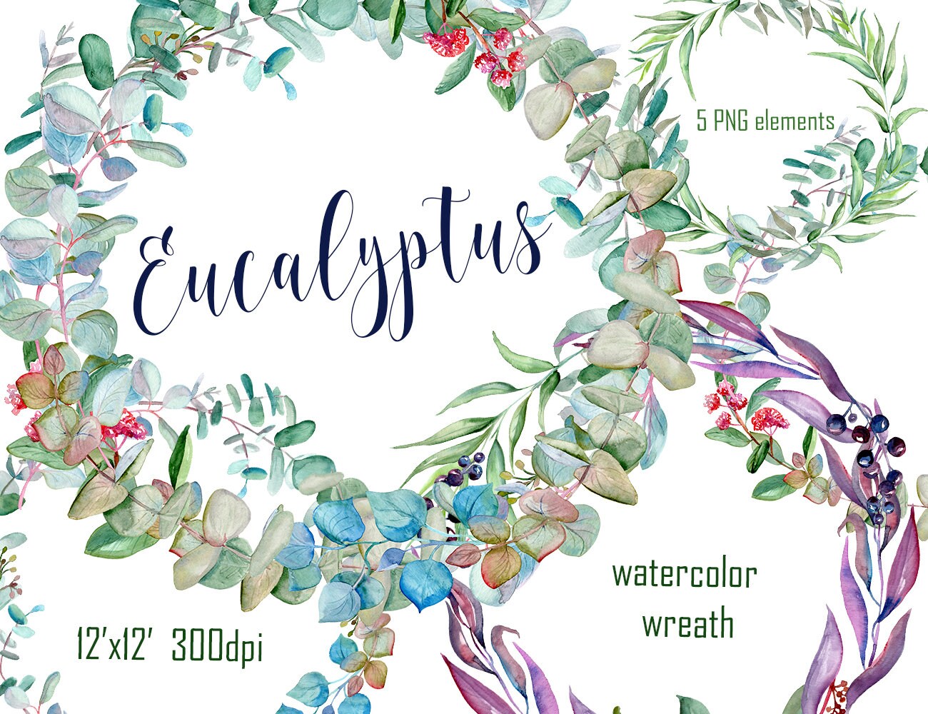 Greenery Eucalyptus Wreath Watercolor Leaf Wreath Clipart, Spring ...