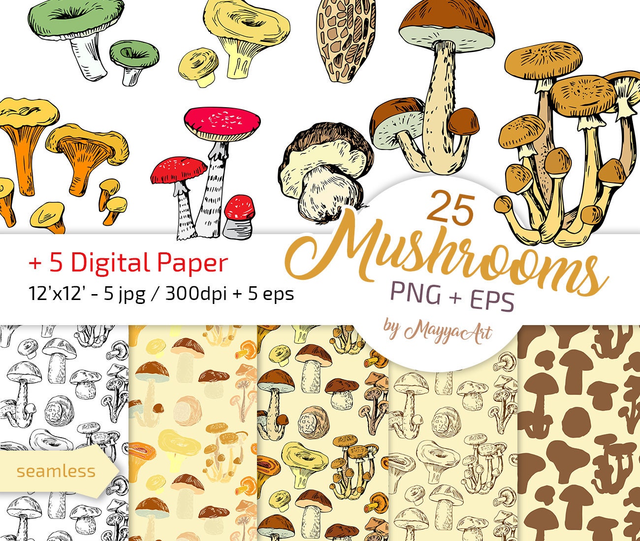 Mushroom Fall Clipart, Seamless Pattern, Vintage Mushroom Clipart ...