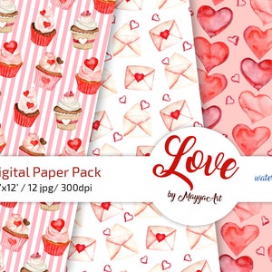 Valentines Day Digital Papers Watercolor Valentine's Seamless Patterns ...