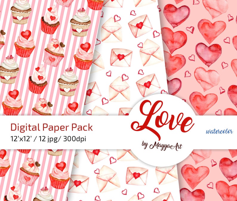 Valentines Day Digital Papers Watercolor Valentine's Seamless Patterns ...