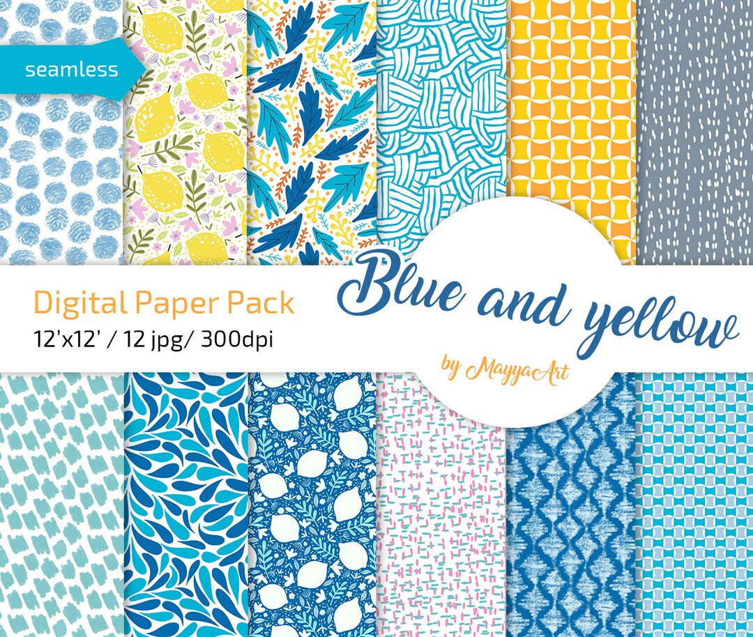 Summer Digital Paper Lemon Wrapping Paper, Navy Blue Digital Paper Blue ...