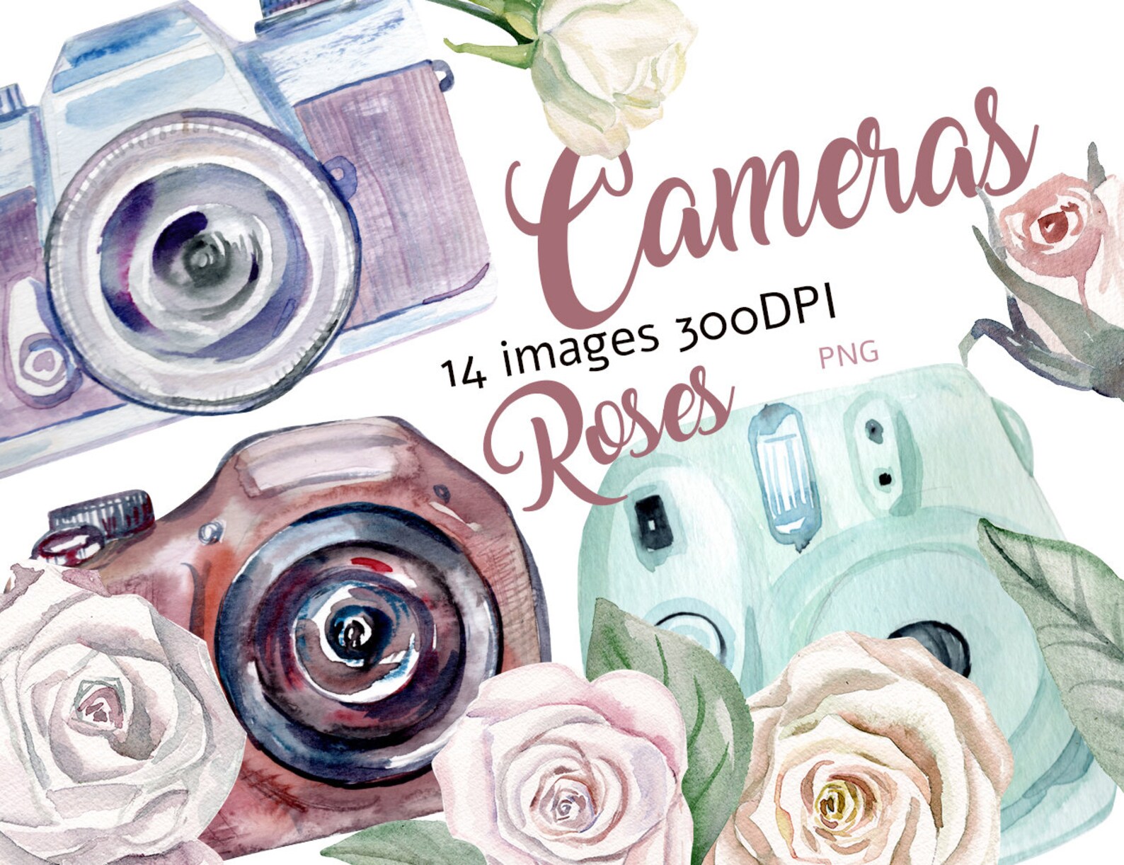 Watercolor Camera Clipart, Camera Floral Clipart, Watercolor Camera ...