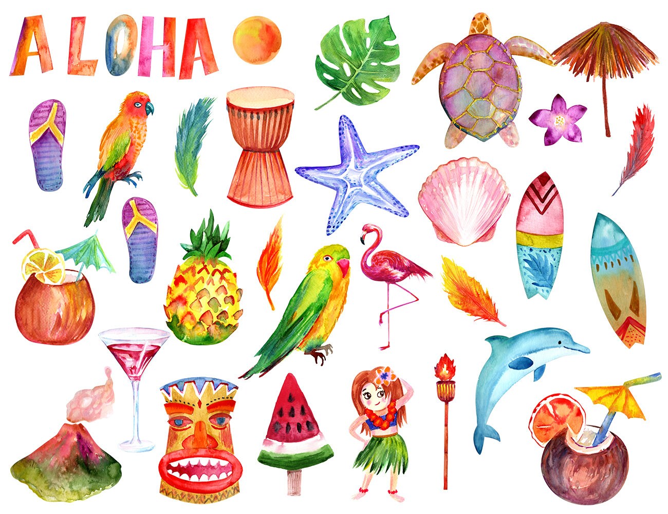 Cute Summer Clipart, Hawaii Clipart With Tropical Flamingo and Cute ...