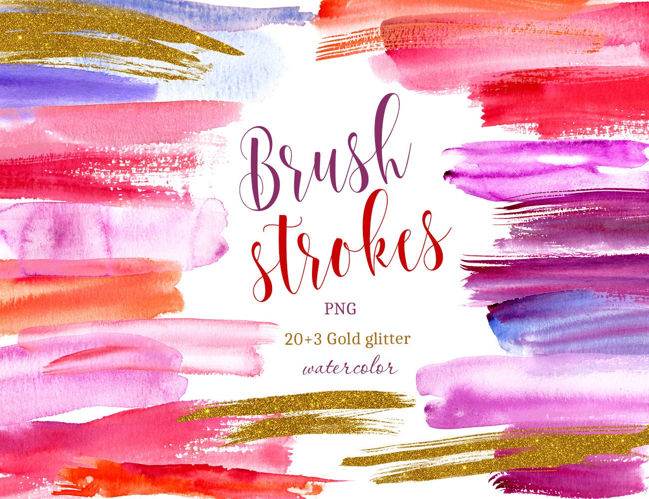 Pastel Pink, Violet, Blue and Gold Watercolor Transparent Brush Strokes ...