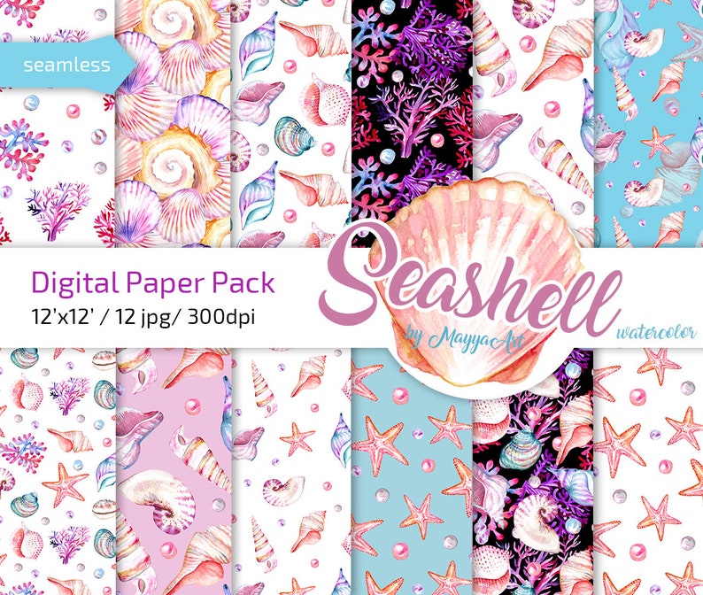 Watercolor Seamless Patterns Seashells Corals Digital Paper Clipart ...
