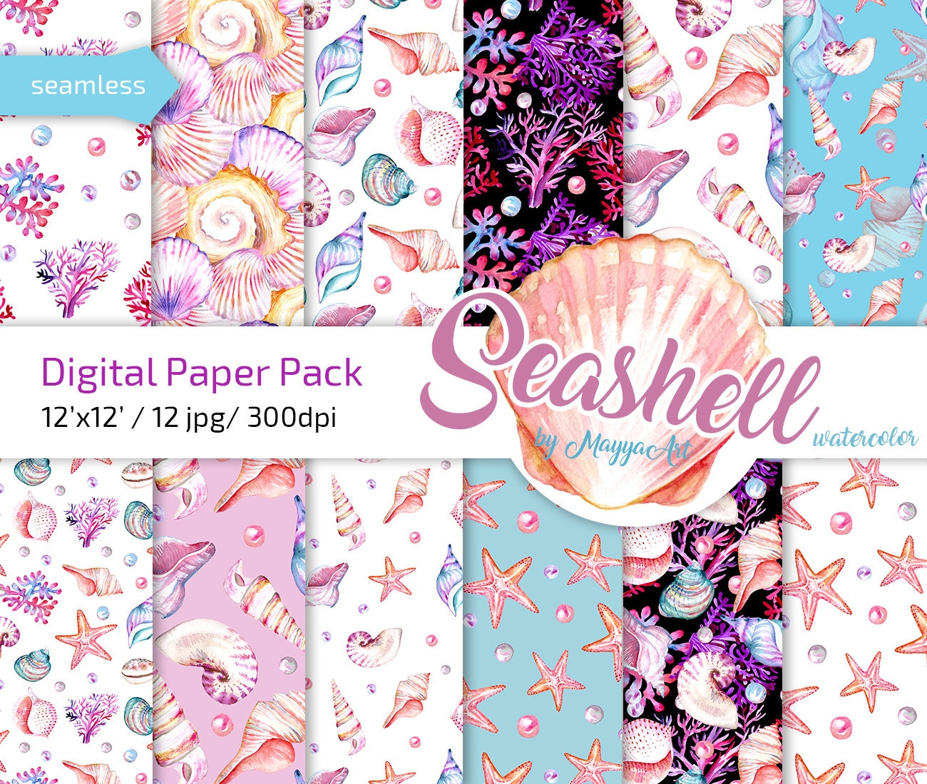 Watercolor Seamless Patterns Seashells Corals Digital Paper Clipart ...