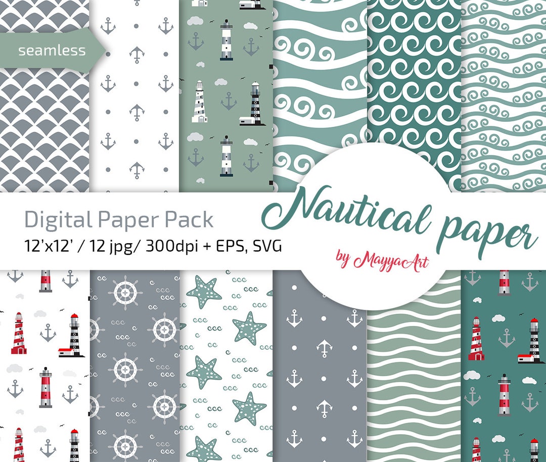 Nautical Paper Pack, Digital Paper, Seamless Pattern, Neutral Blue ...