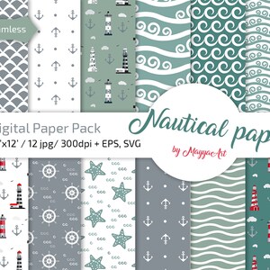 Nautical Paper Pack, Digital Paper, Seamless Pattern, Neutral Blue ...
