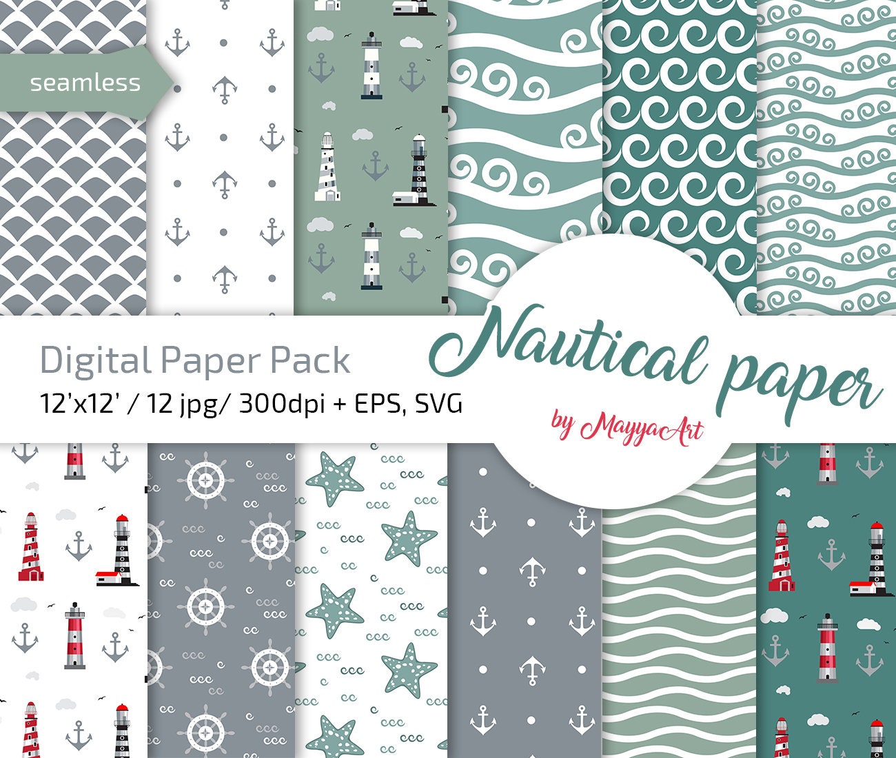 Nautical Paper Pack, Digital Paper, Seamless Pattern, Neutral Blue ...