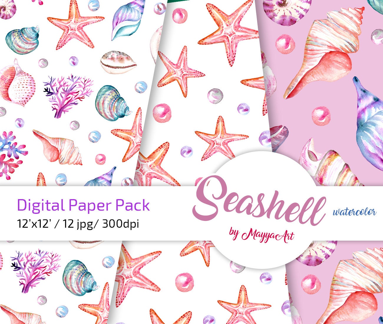 Watercolor Seamless Patterns Seashells Corals Digital Paper Clipart ...