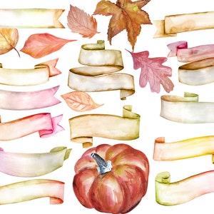 Watercolor Banners Clipart, Digital Ribbon, Autumn Clipart With Leaves ...