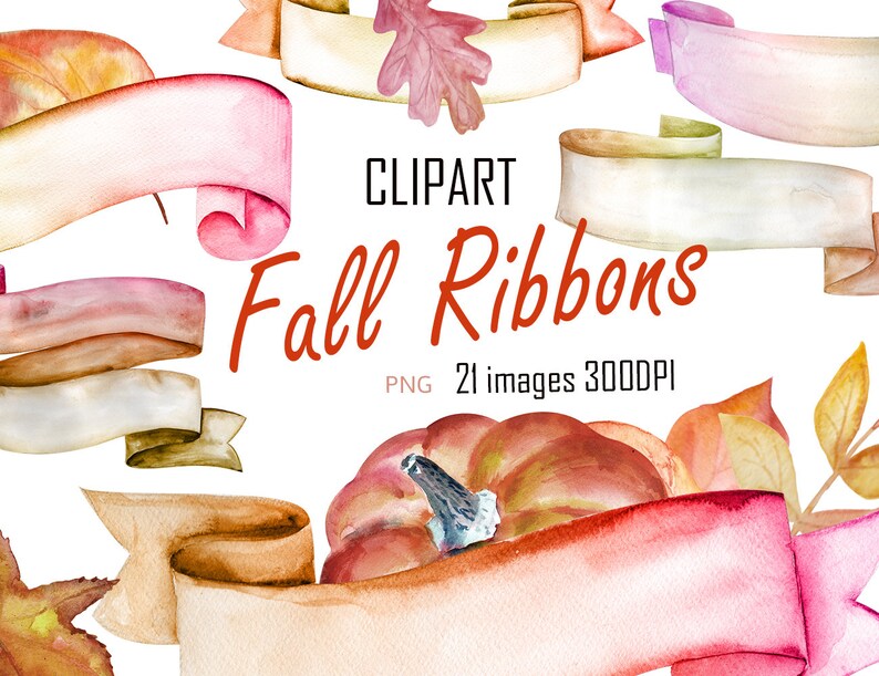 Watercolor Banners Clipart, Digital Ribbon, Autumn Clipart With Leaves ...