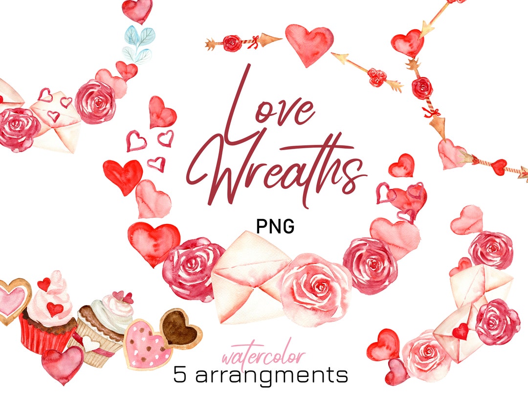 Watercolor Valentine's Day Clipart, Valentine Wreath, Hearts, Flowers ...