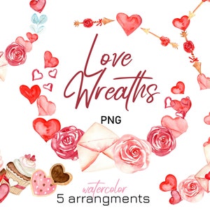 Watercolor Valentine's Day Clipart, Valentine Wreath, Hearts, Flowers ...
