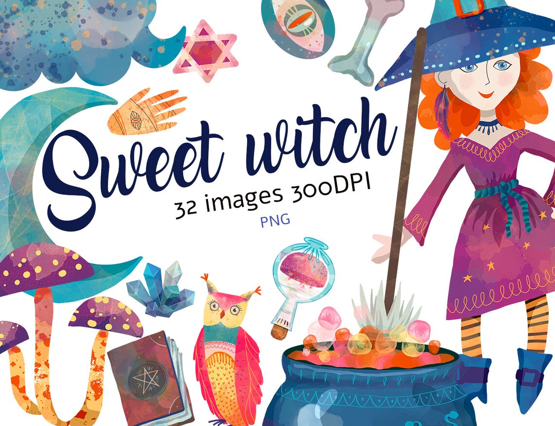 Watercolor Witch Occult Clipart Digital Download Instant Download Owl ...