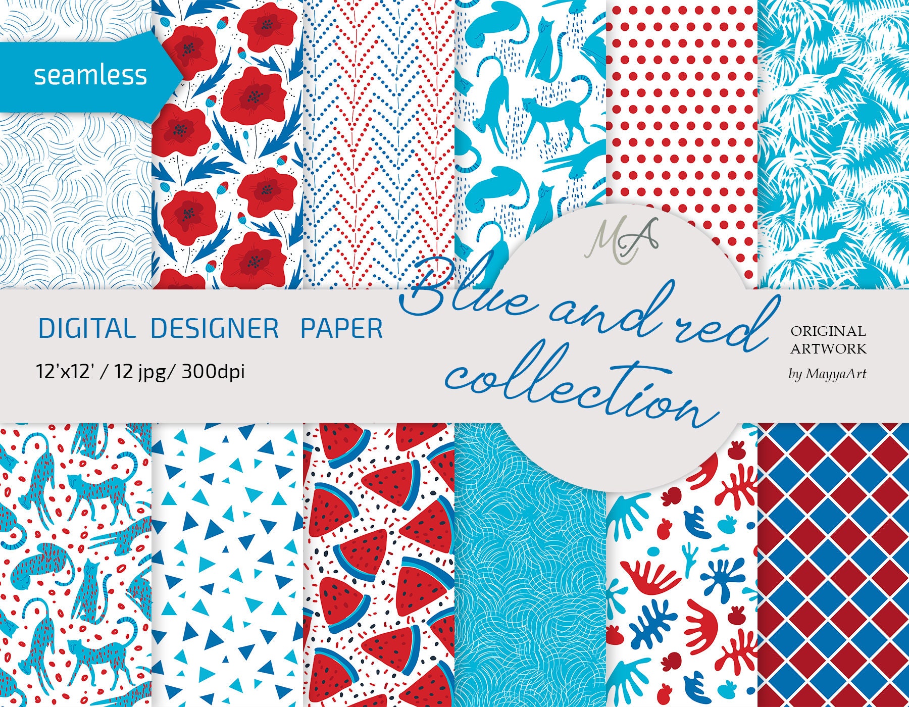 Red White and Blue Digital Paper Tropical Digital Paper | Etsy