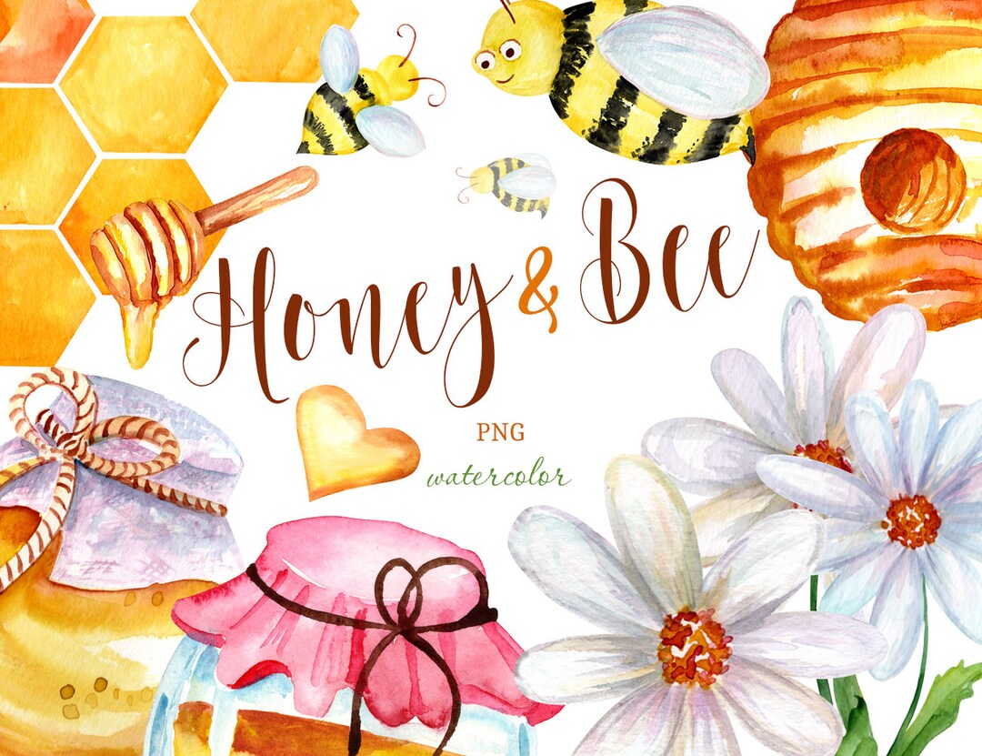 Watercolor Honey and Bee Clipart, Honey Bees, Watercolor Bee Png, Hand ...