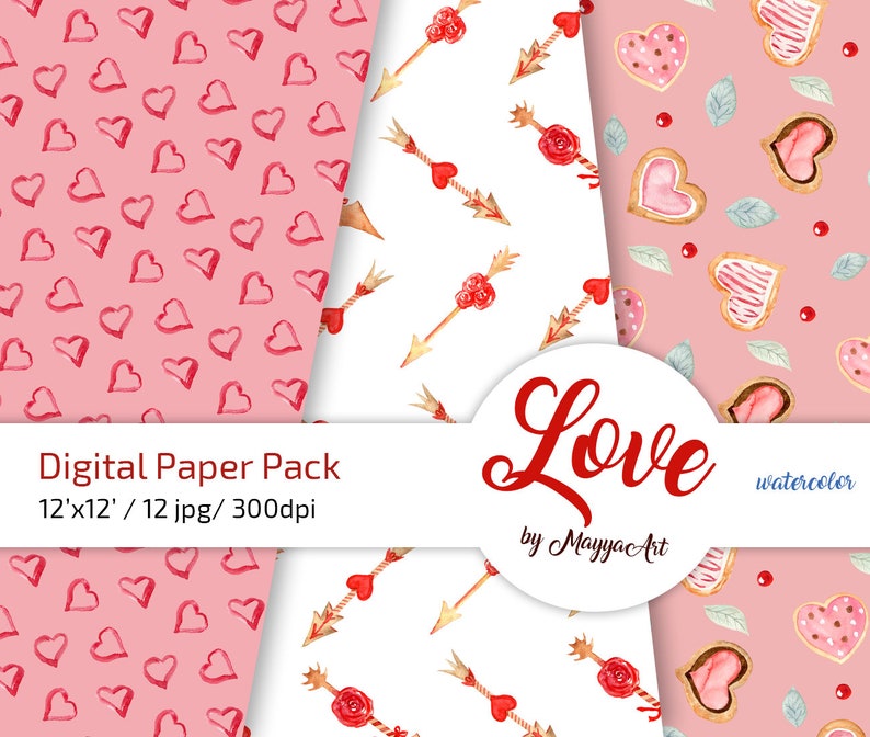 Valentines Day Digital Papers Watercolor Valentine's Seamless Patterns ...