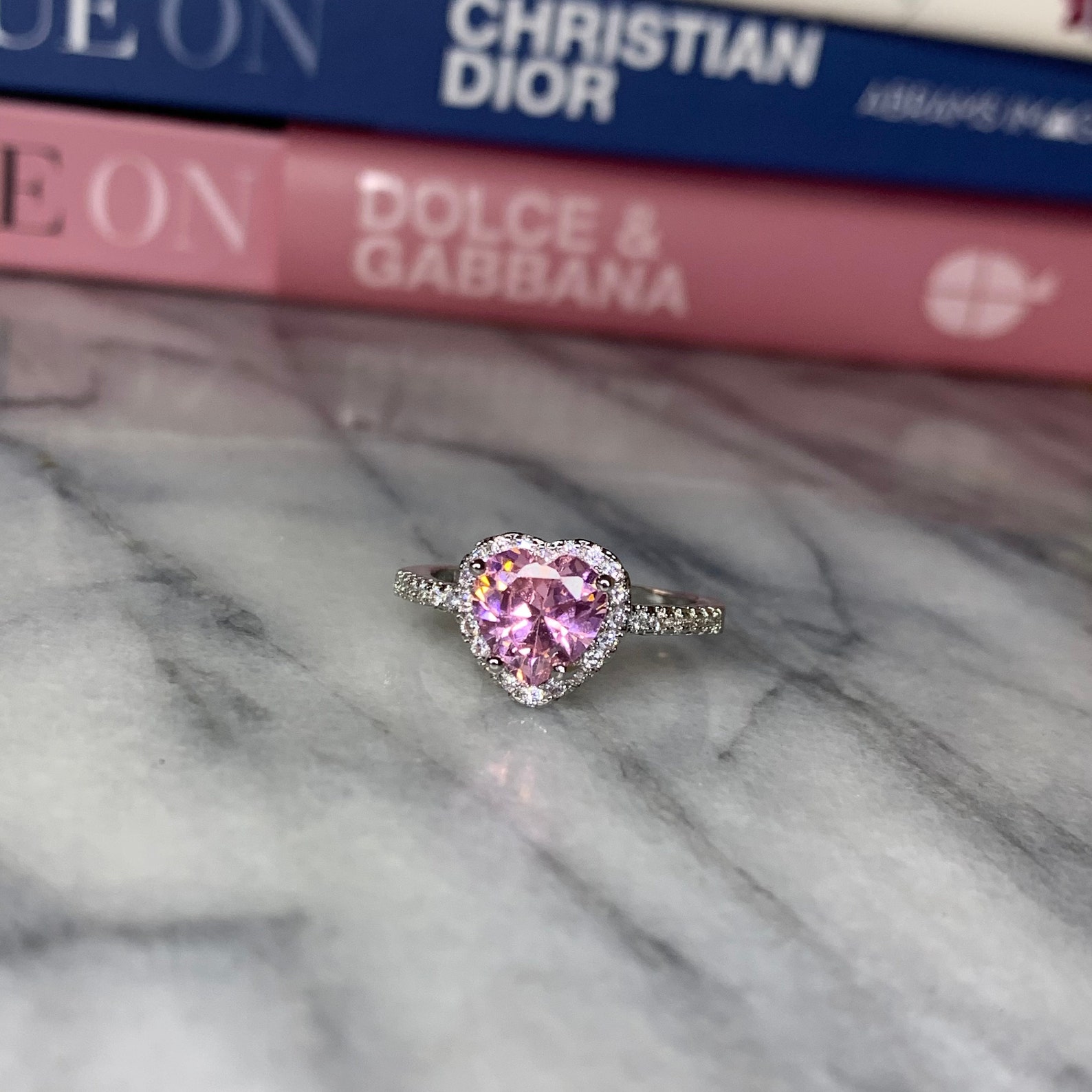 Halo Heart Pink Ring Pink Diamond Sterling Silver Ring | Etsy