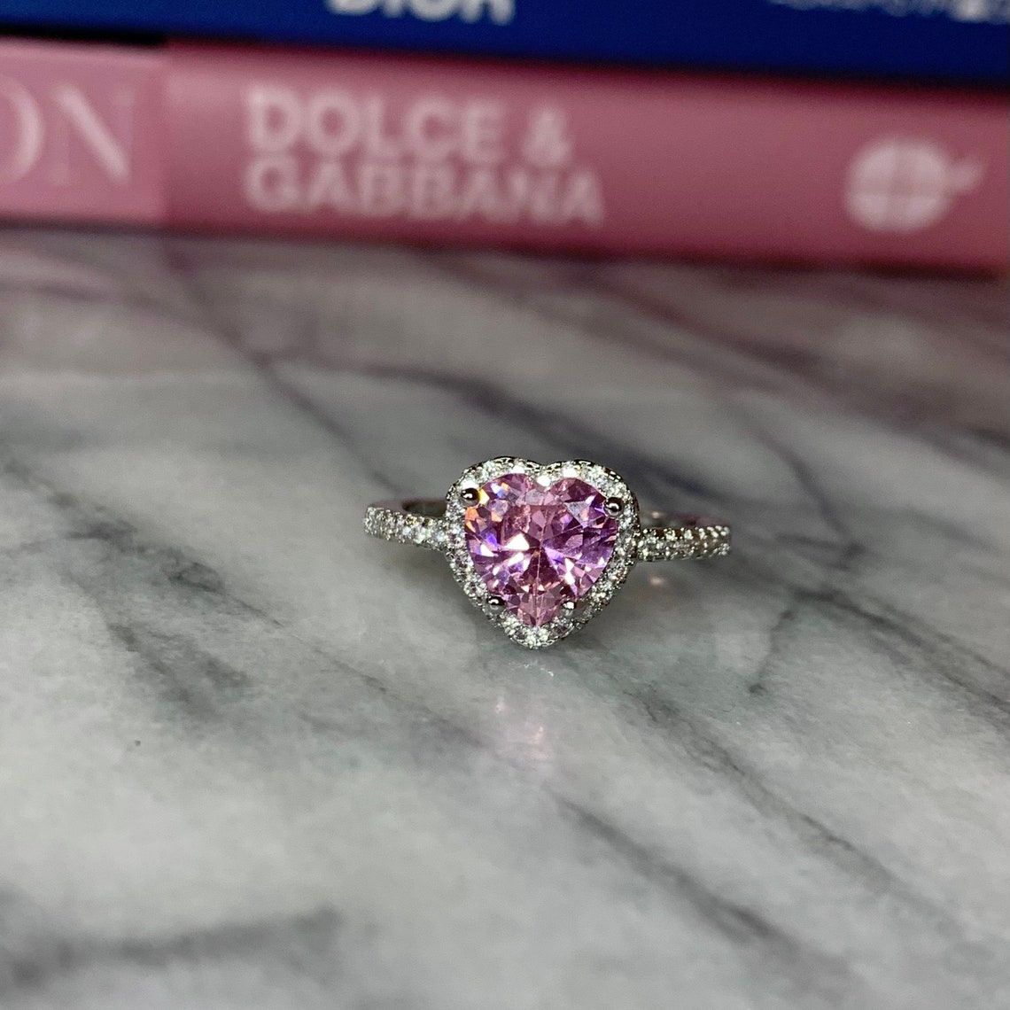Halo Heart Pink Ring Pink Diamond Sterling Silver Ring | Etsy