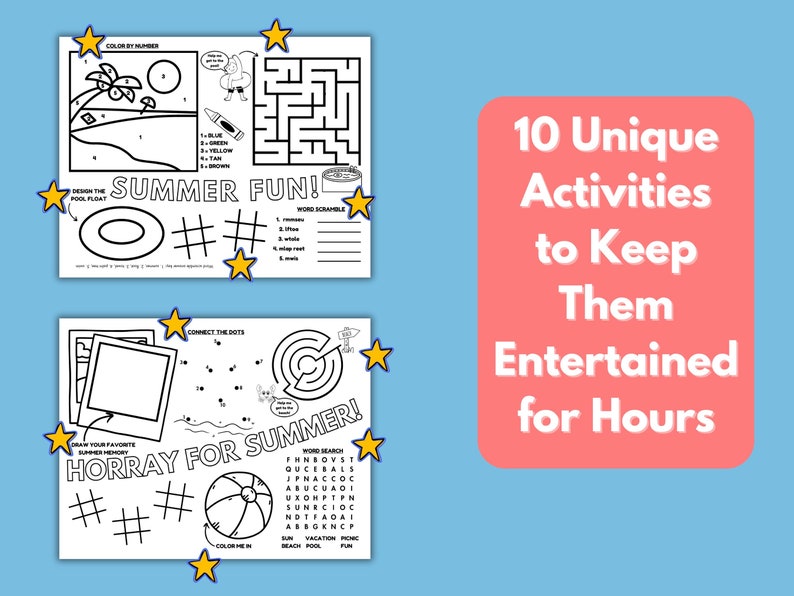 Summer Activity Placemat for Kids, Kid Activity Table Games, Summer ...