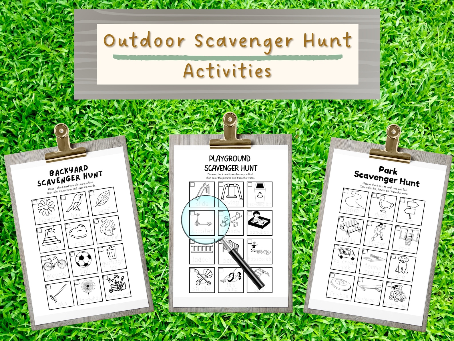 Outdoor Scavenger Hunt Bundle, 3 Printable Checklists, Trace and Color ...