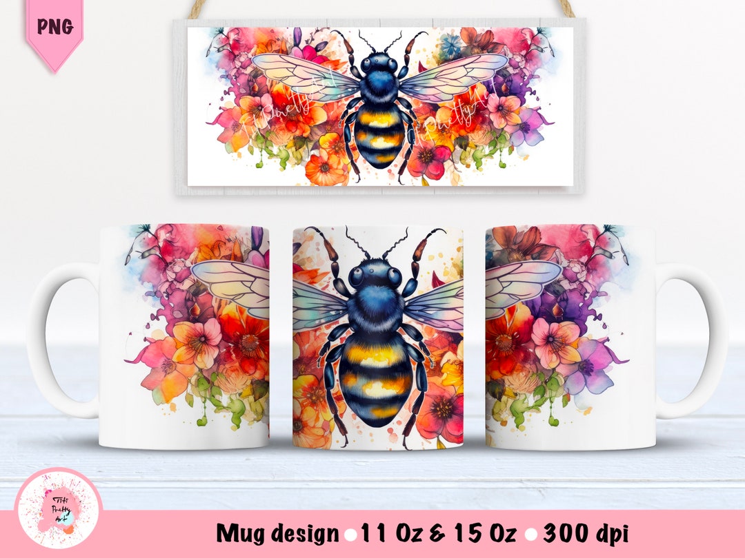 Watercolor Bee Mug Wrap Sublimation Design, 15 Oz Mug Template ...