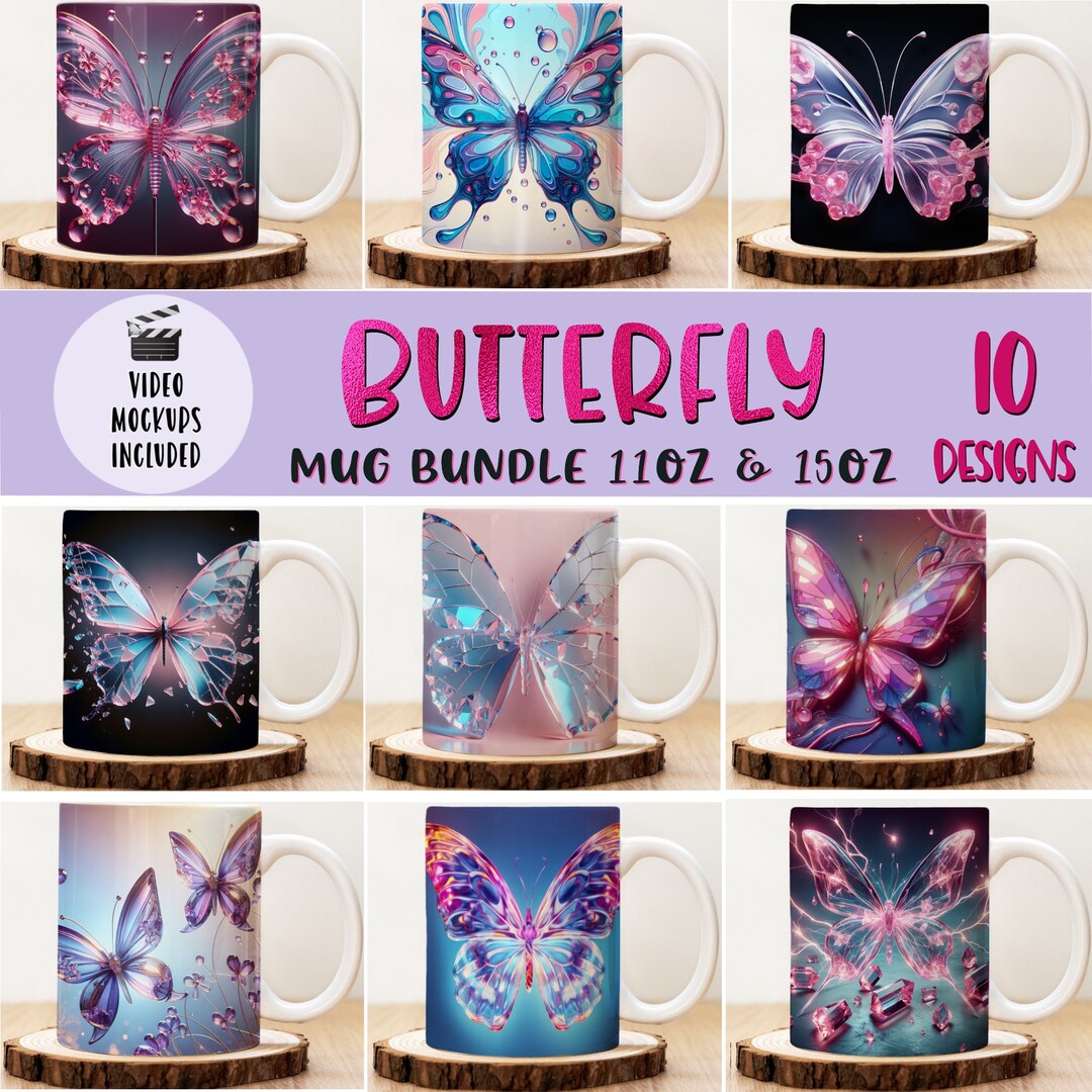 3D Butterfly Mug Wrap Bundle, Butterfly Mug Design, Sublimation Designs ...