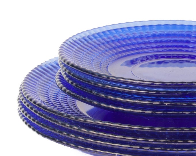 Vintage Set of 8 Cobalt Blue Glass Plates With Waffled Textured Design ...