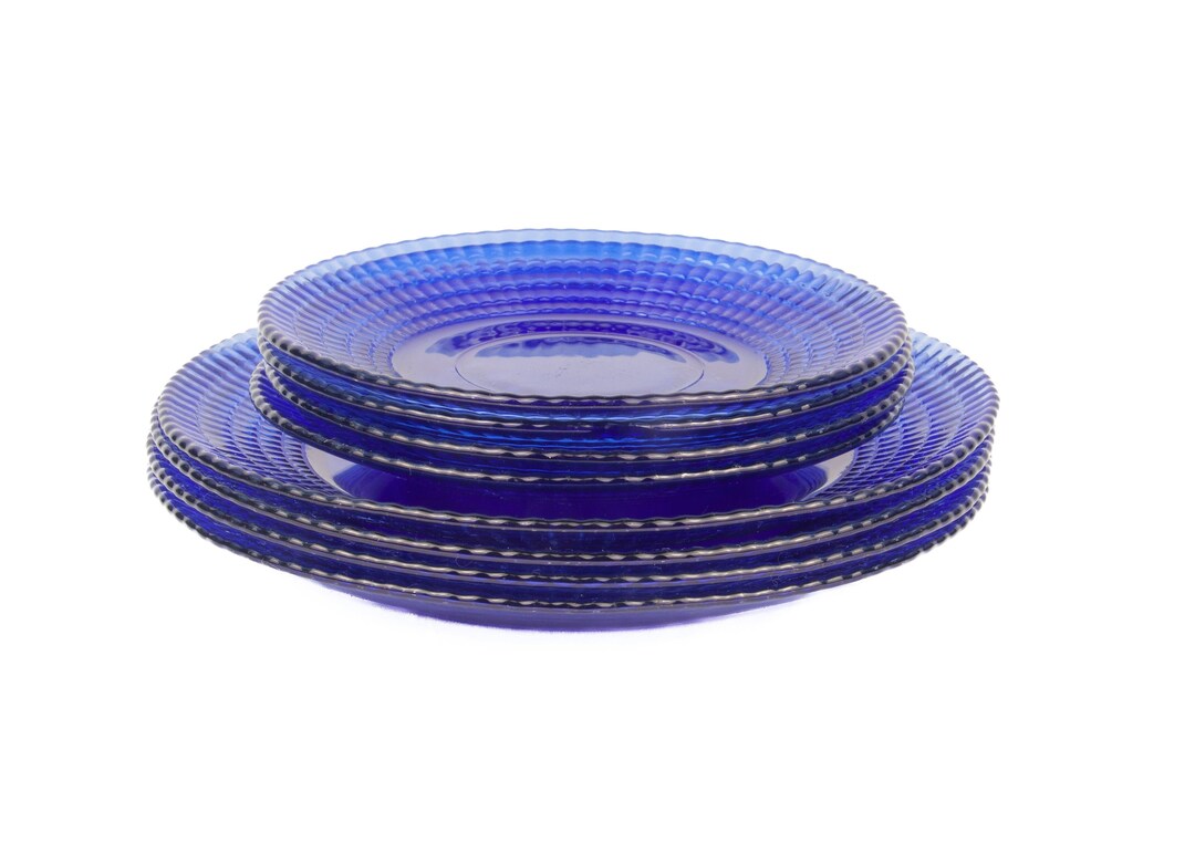 Vintage Set of 8 Cobalt Blue Glass Plates With Waffled - Etsy
