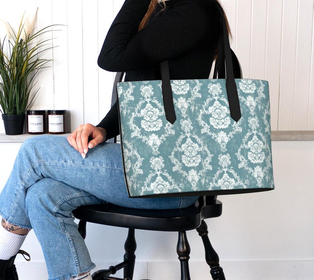 Leather Tote for Women Blue Lace French Rococo Vegan Leather Bag for 16 ...