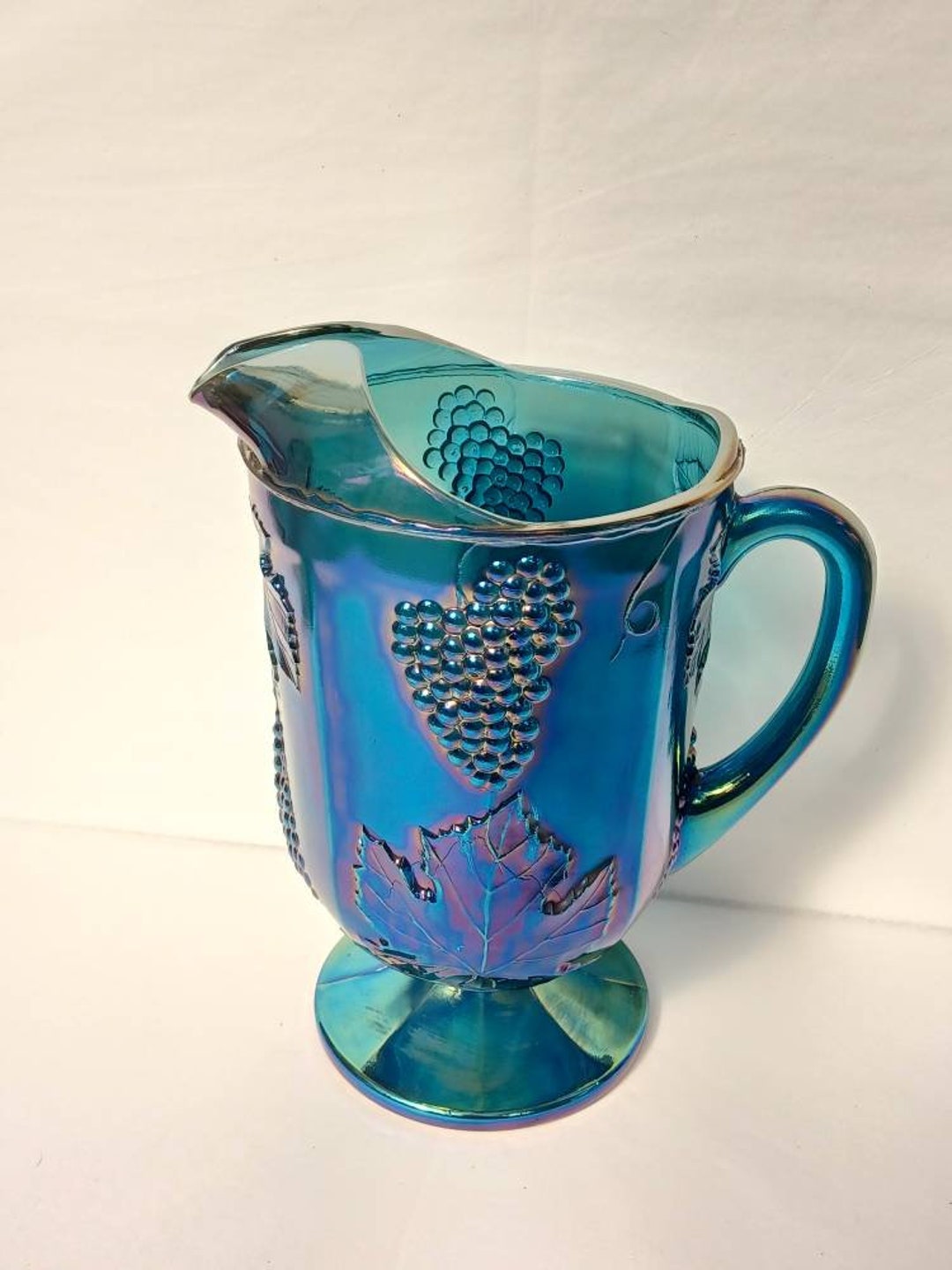 Vintage Blue Carnival Glass Pitcher by Indiana Glass. Harvest Blue ...