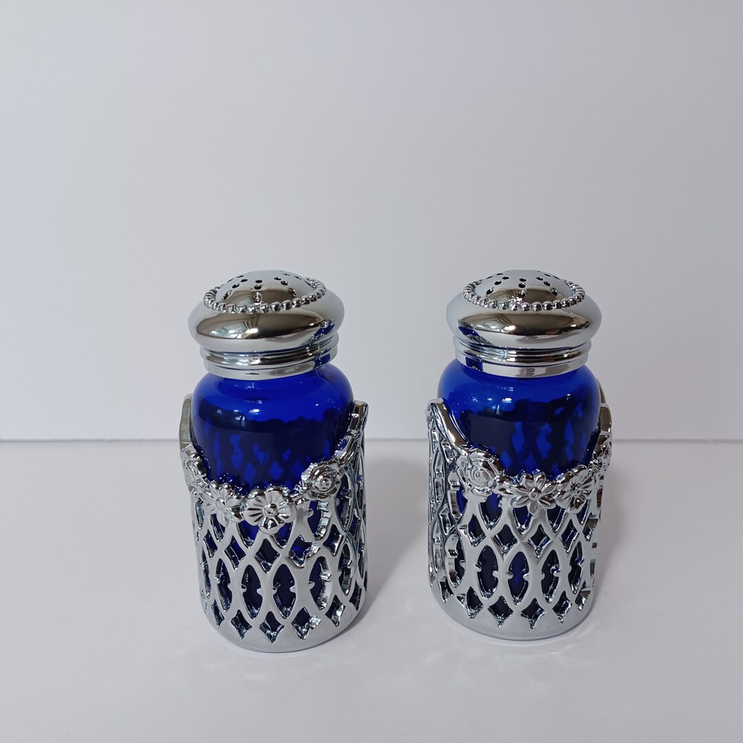 Godinger Chrome Cobalt Blue Glass Salt & Pepper Shakers - Etsy