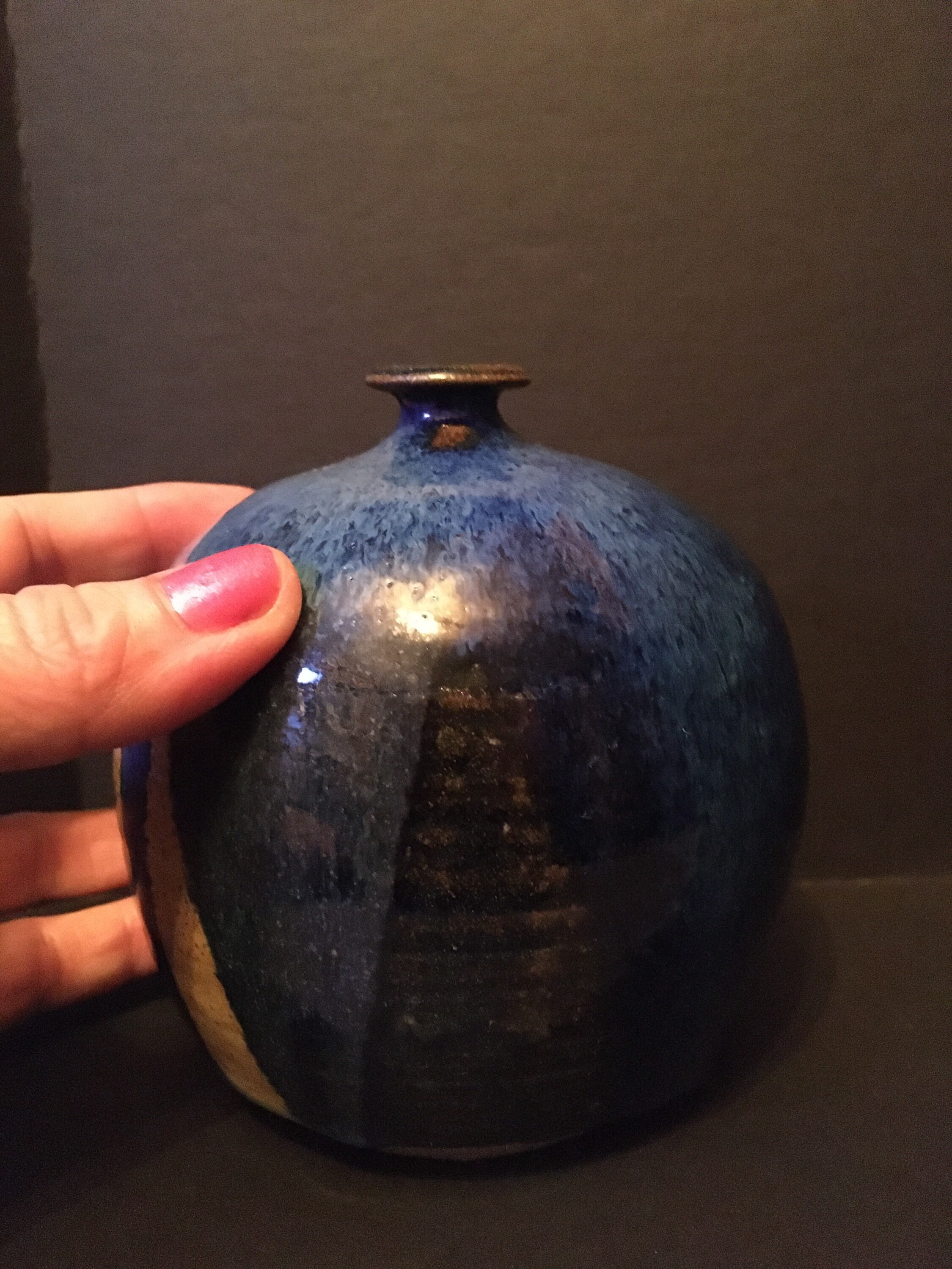 Vintage stoneware blue drip glaze bud vase | Etsy