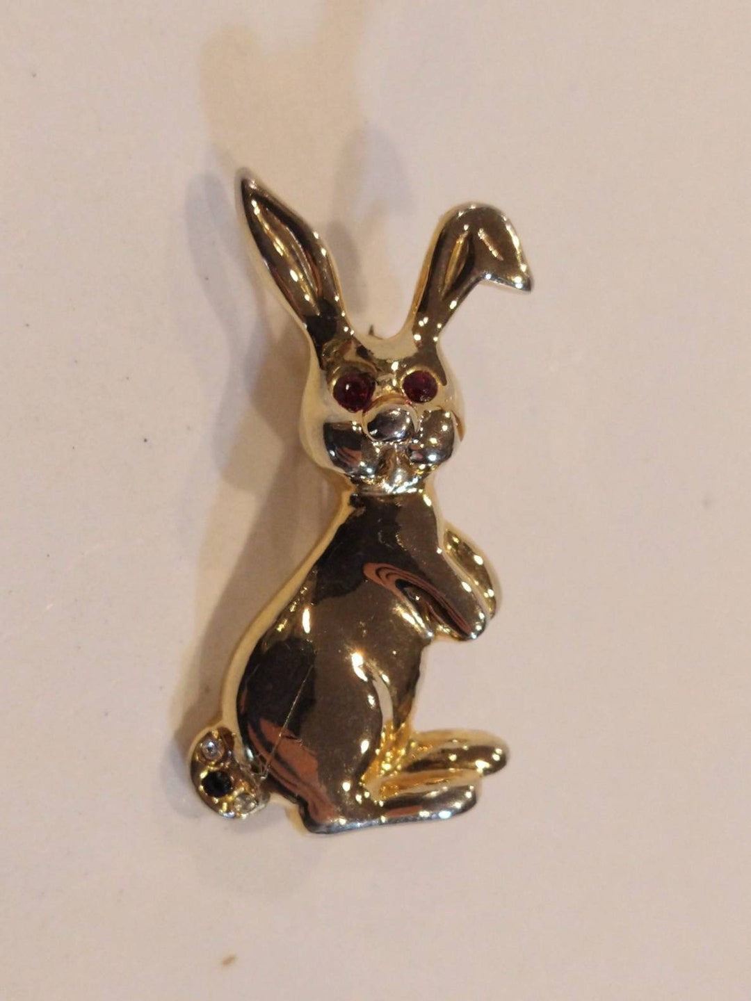 Vintage Gold Tone Bunny Rabbit With Red Rhinestone Eyes and Black and ...