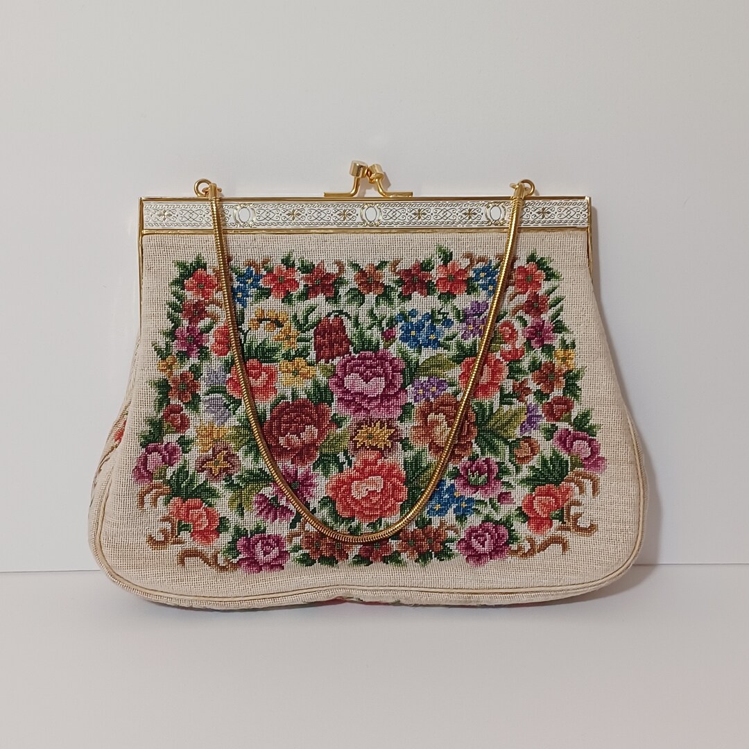 Vtg Petit Point Needlework Flowers on White 8x6 Purse Gold Metal Strap ...