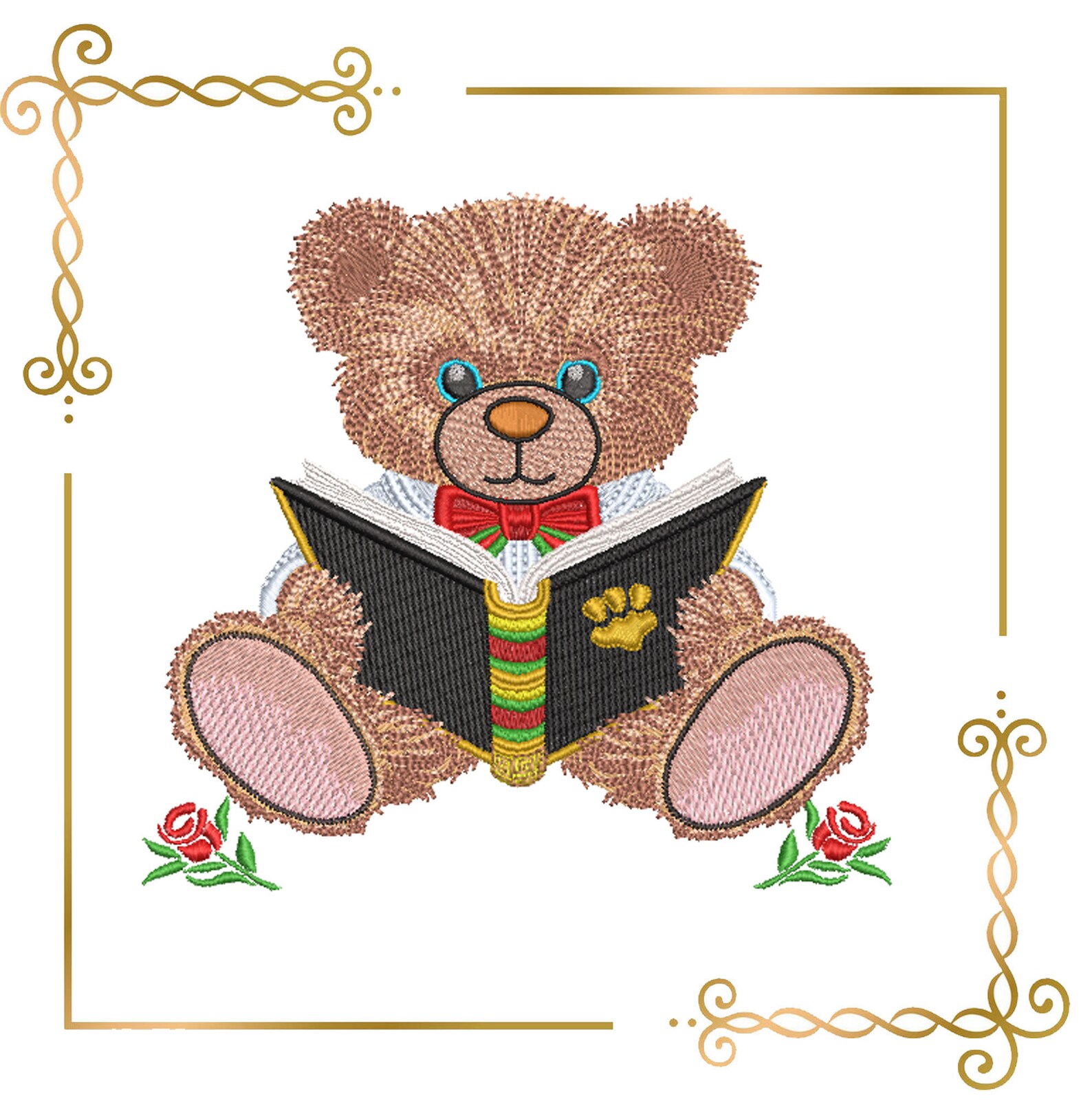 Teddy Bear Reading a Book, Cartoon Character Machine Embroidery Design ...