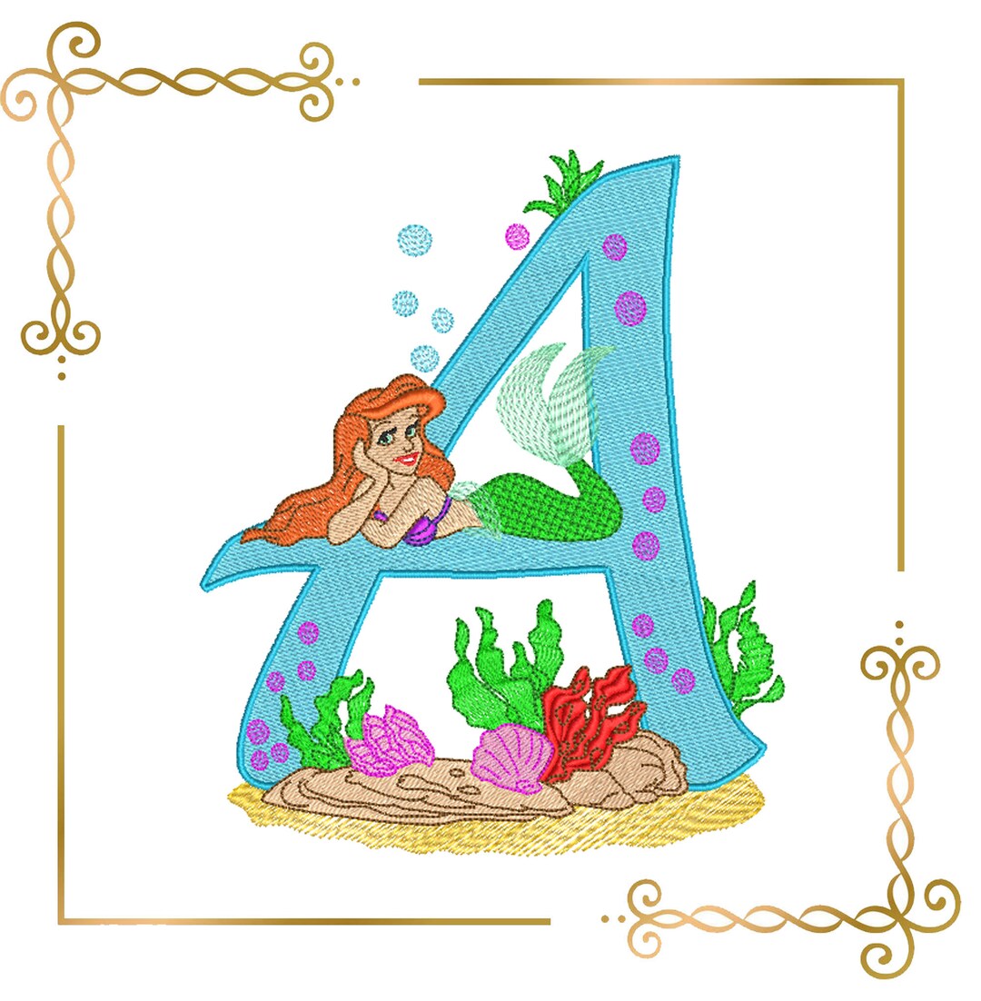 Princess Ariel, Letter A, Monogram, Digital Embroidery Design File - Etsy