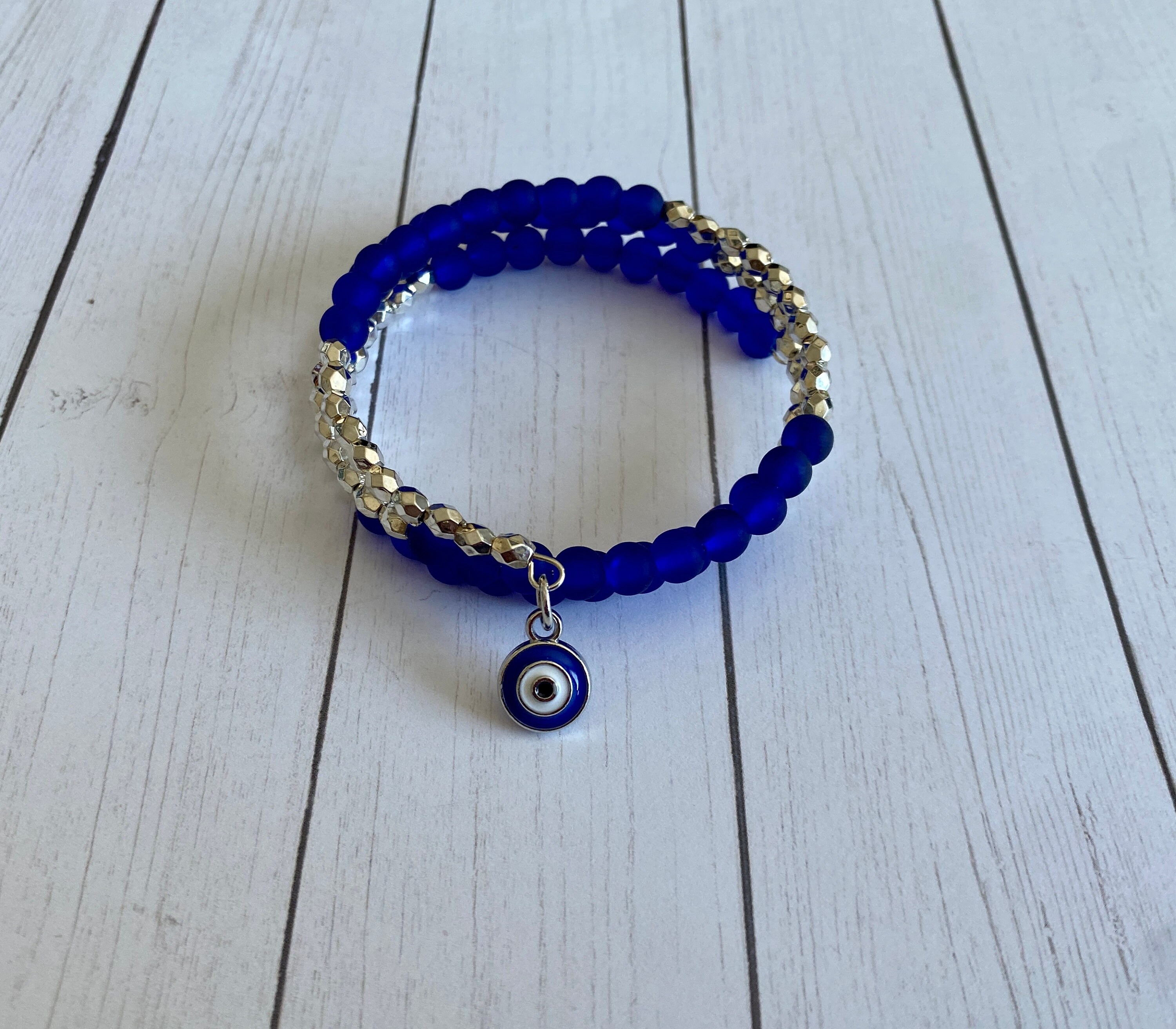 Simple, Blue and Silver Evil Eye Beaded Bracelet, Third Eye Jewelry ...