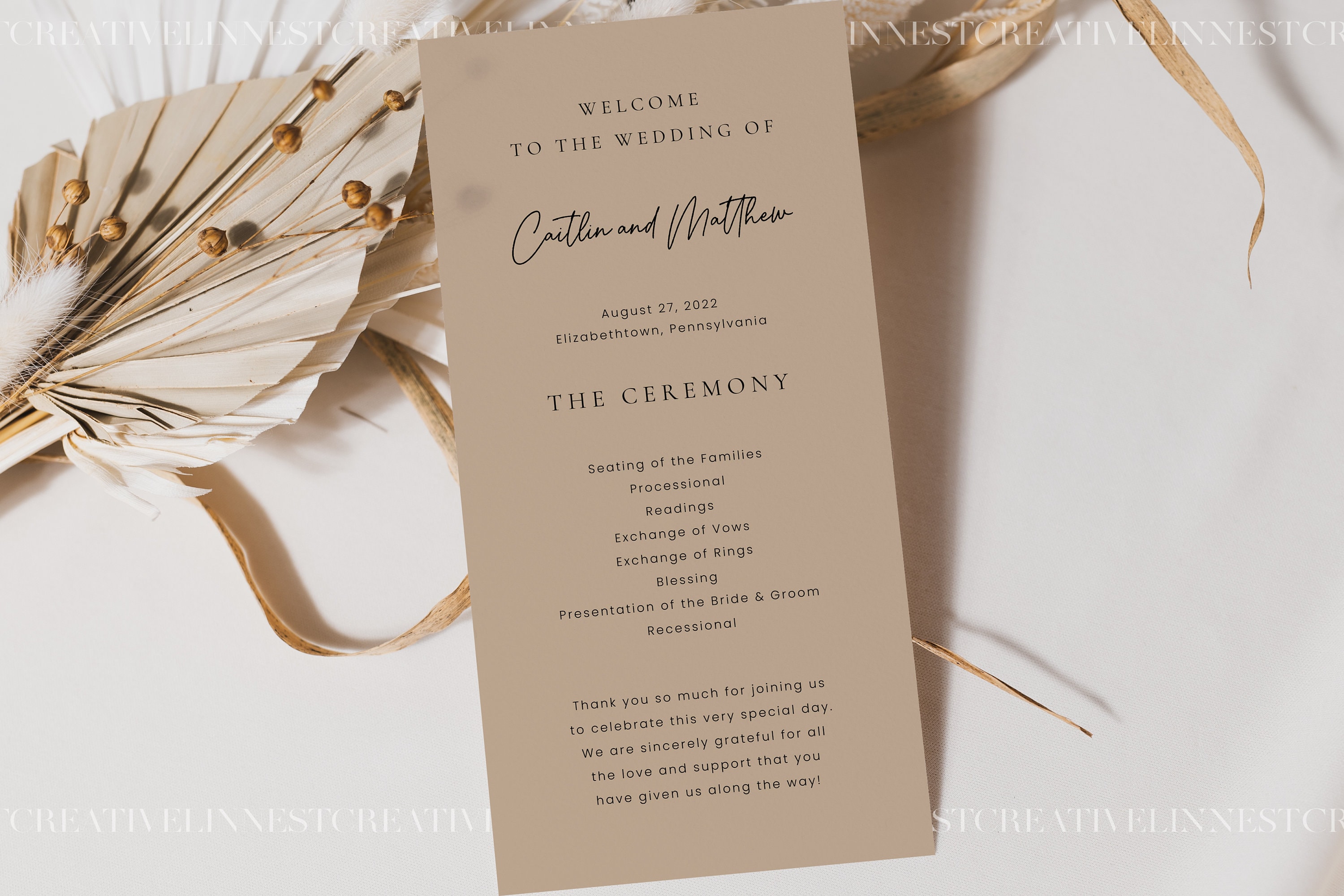Wedding Program Mockup, Boho Menu Mockup, Modern and Minimal Wedding ...