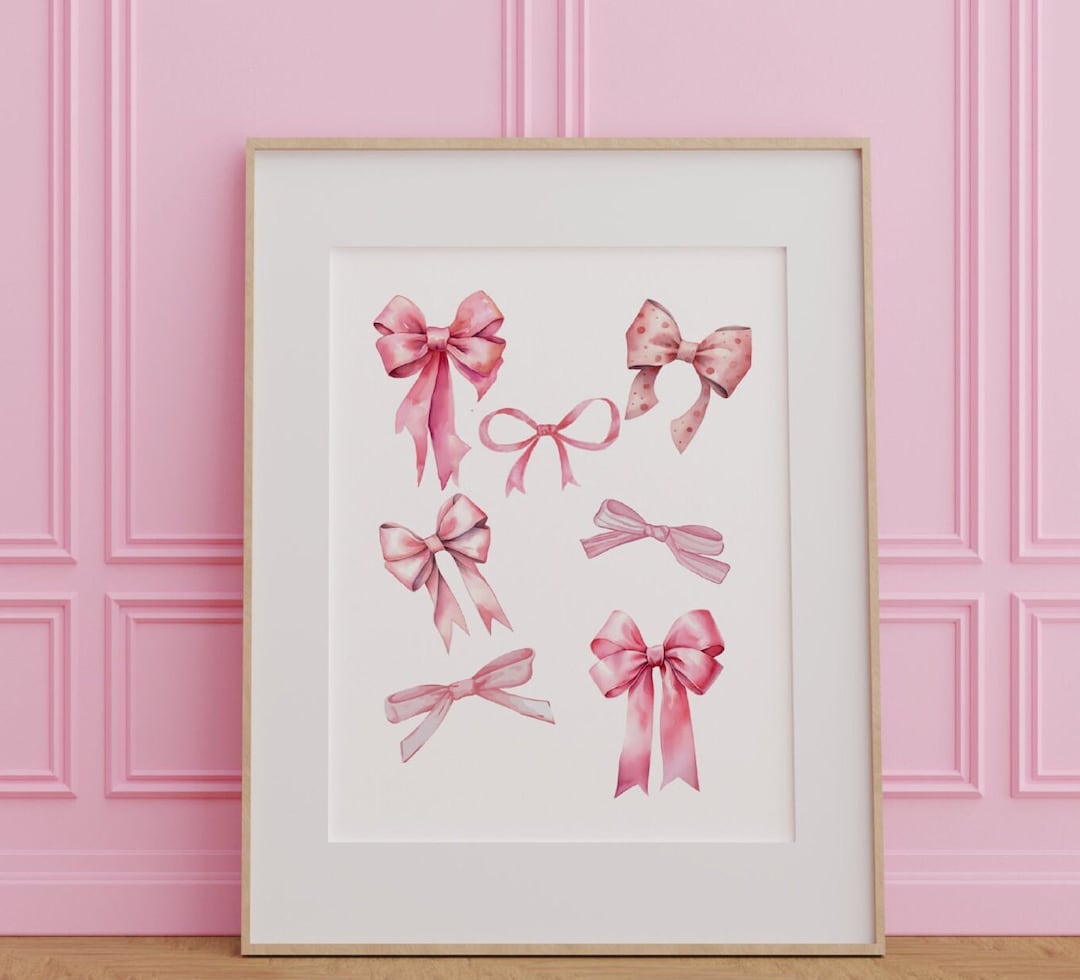Pink Bow Print, Pink Bow Coquette Room Decor Preppy Wall Art Teen Room ...