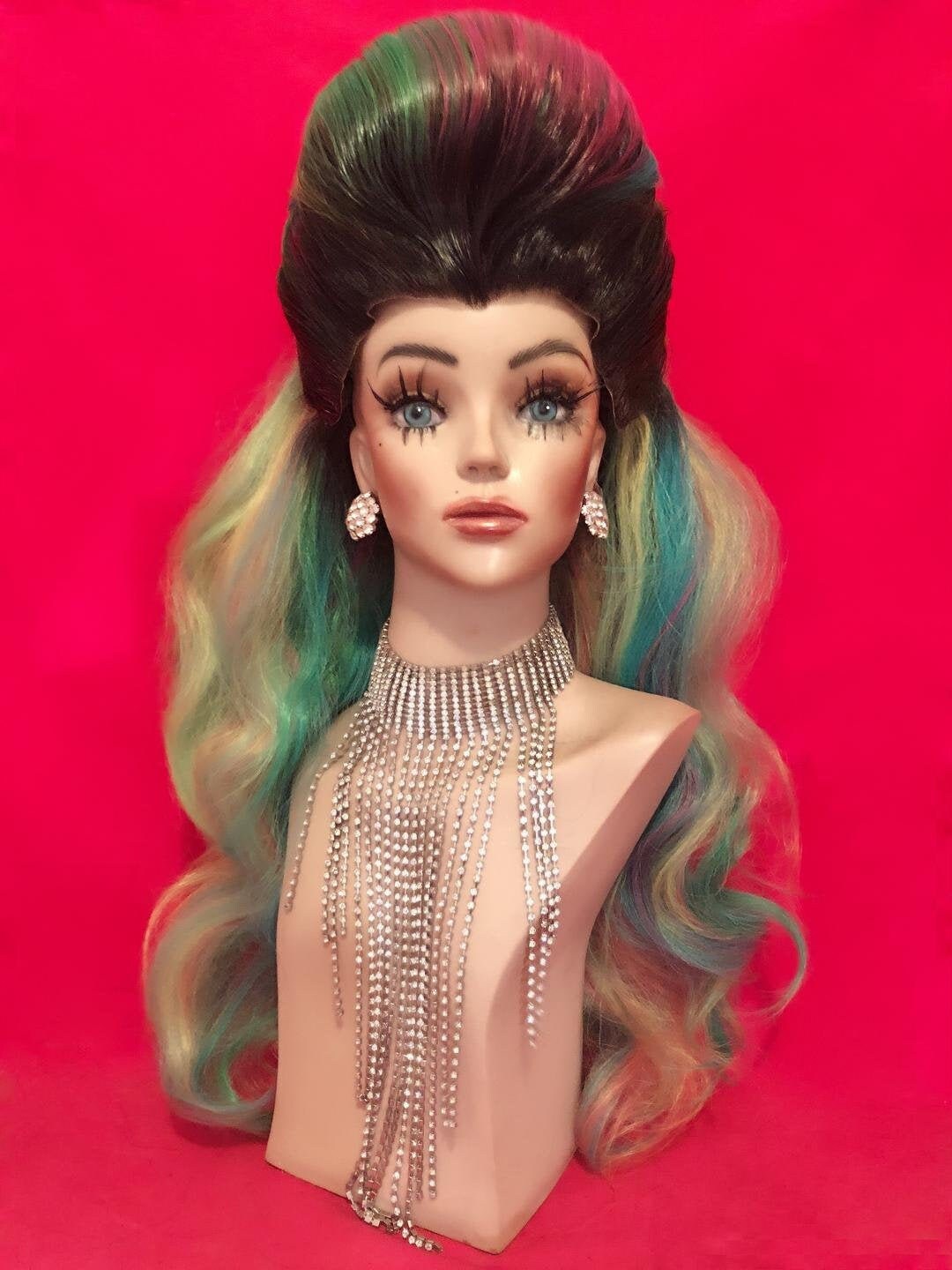 Rainbow Updo Wig Lace Front Drag Queen Wig Ombre Beehive Long Etsy
