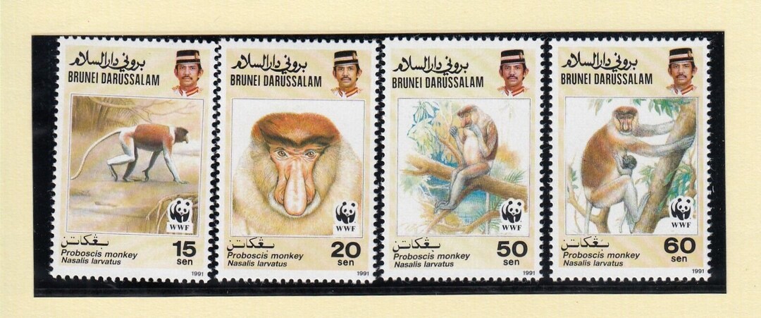 Brunei 1991 Endangered Proboscis Monkey Set of 4 MNH With WWF Panda ...