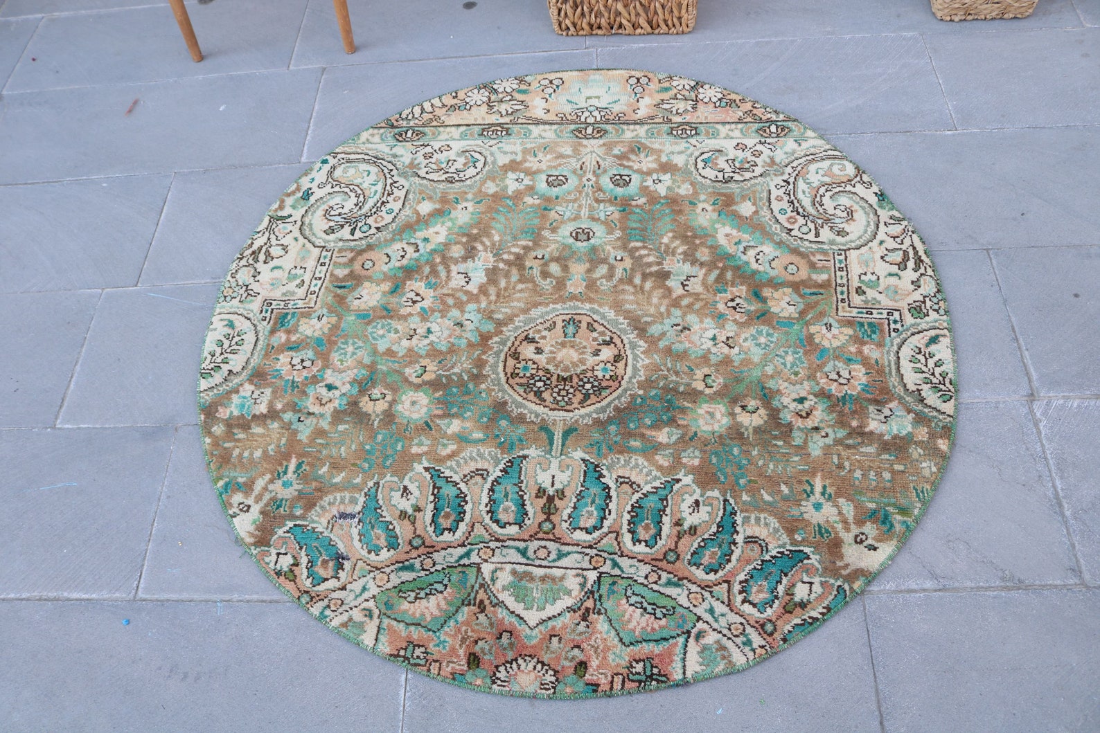 Floral Rug Turkish Area Rug 4.2x4.2 ft Round Rug Vintage | Etsy