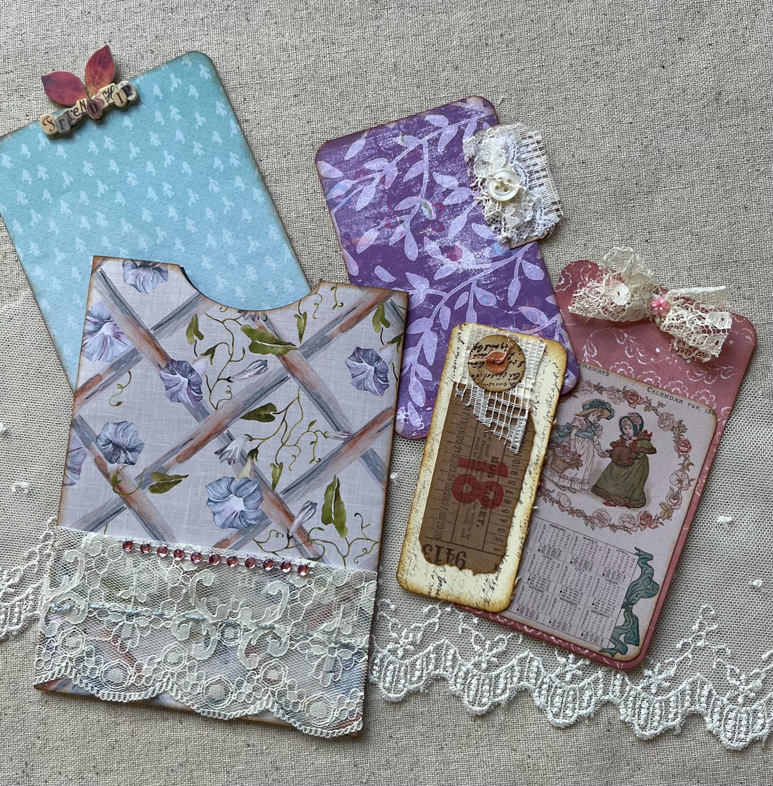 Lacy Pocket and Four Journaling Cards - Handmade Ephemera - Five Pieces ...