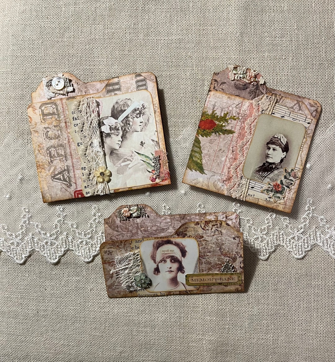 Three Mini File Folders - Images With Ladies, Ribbon and Lace - Etsy