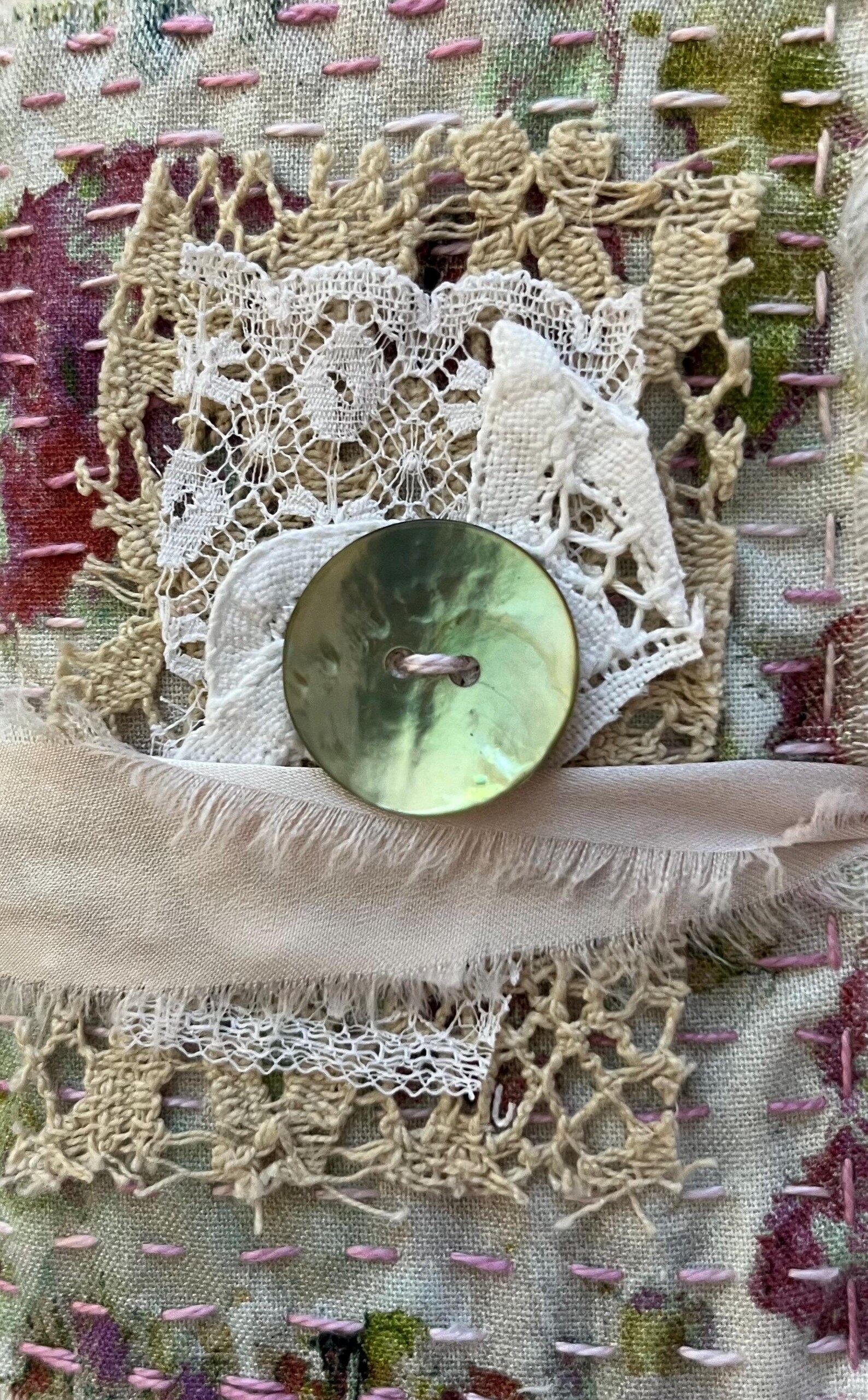 Slow Stitched Mini Journal With Lace Collage and Green Button Handmade ...