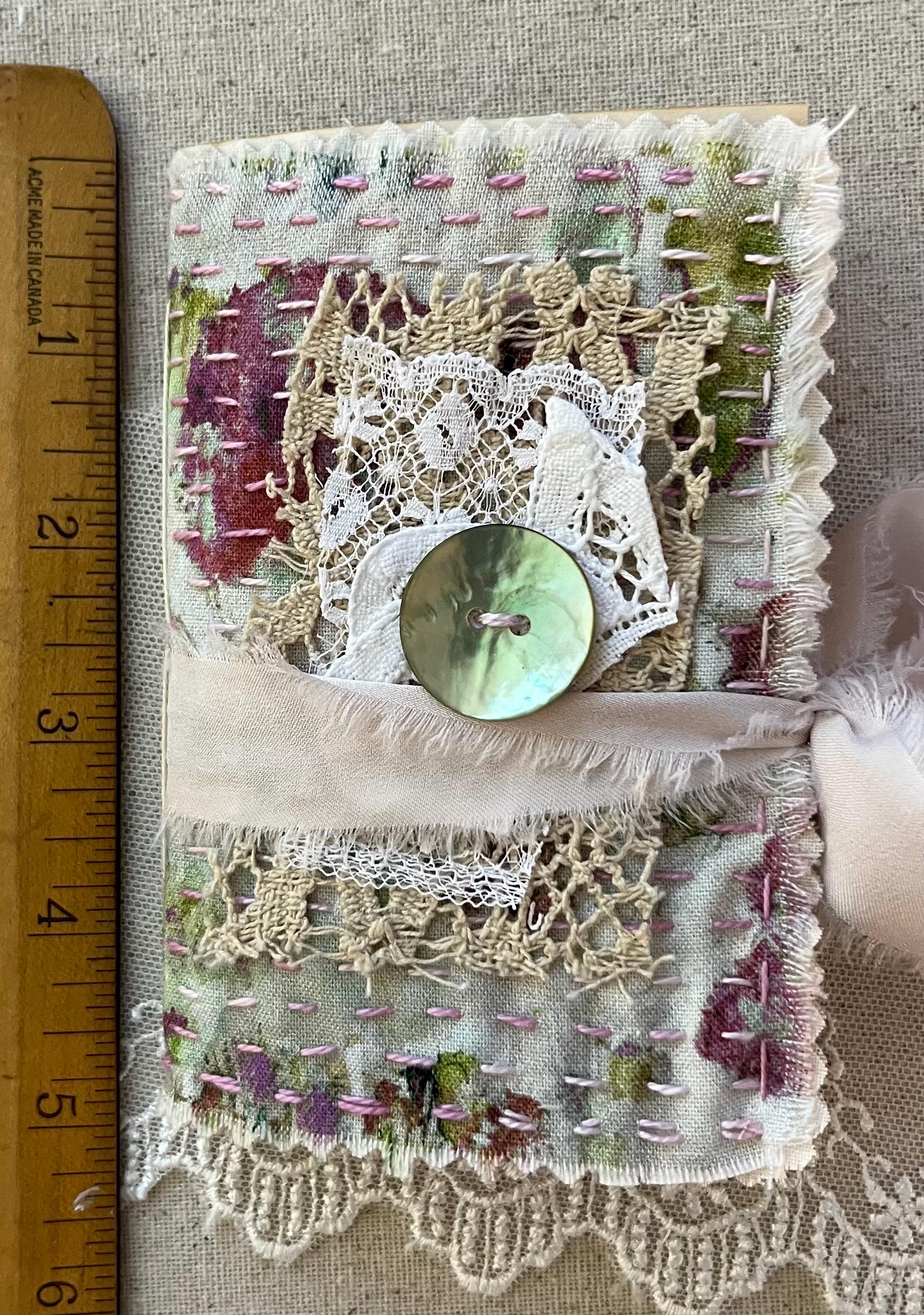 Slow Stitched Mini Journal With Lace Collage and Green Button Handmade ...