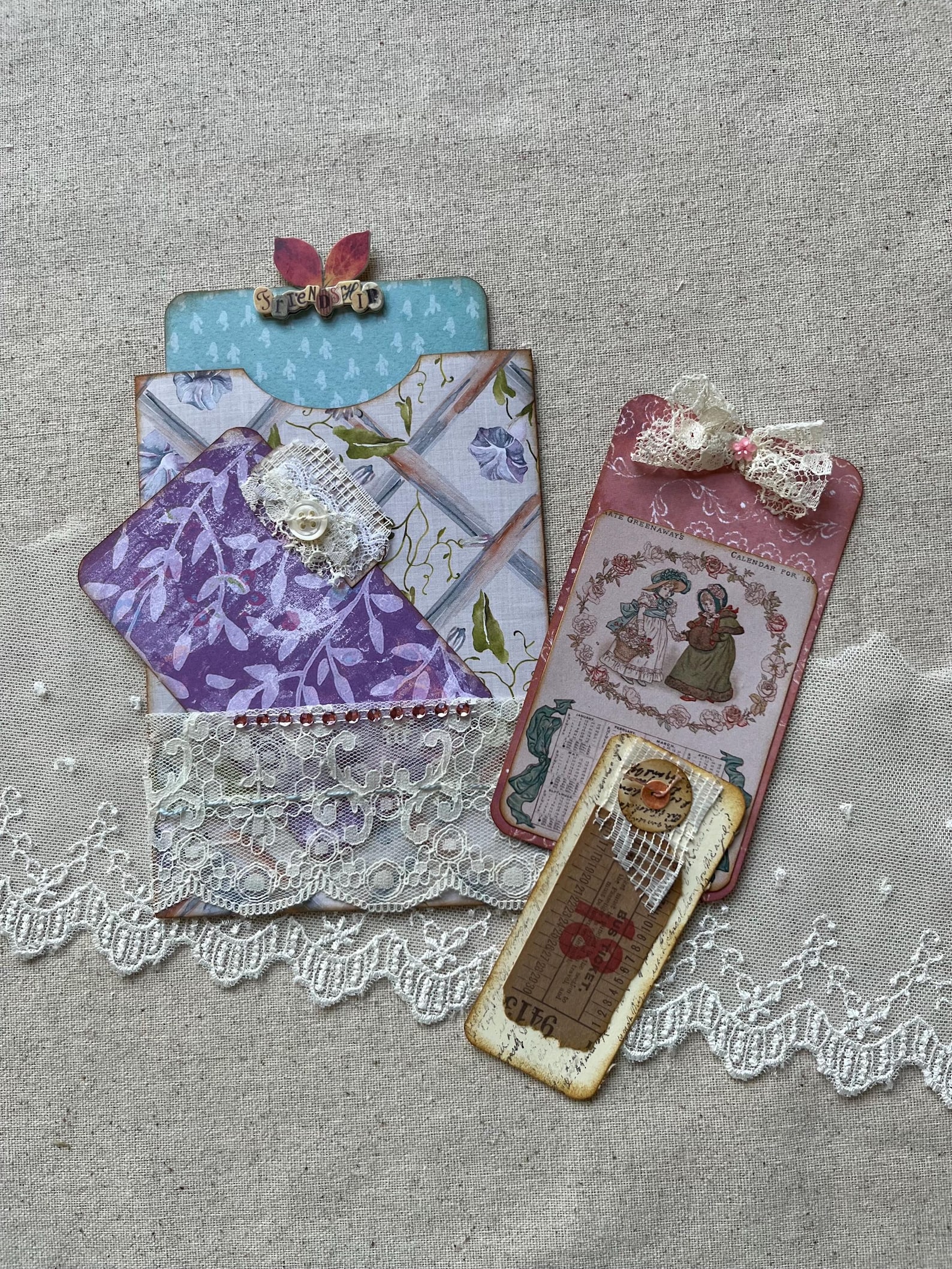 Lacy Pocket and Four Journaling Cards - Handmade Ephemera - Five Pieces ...